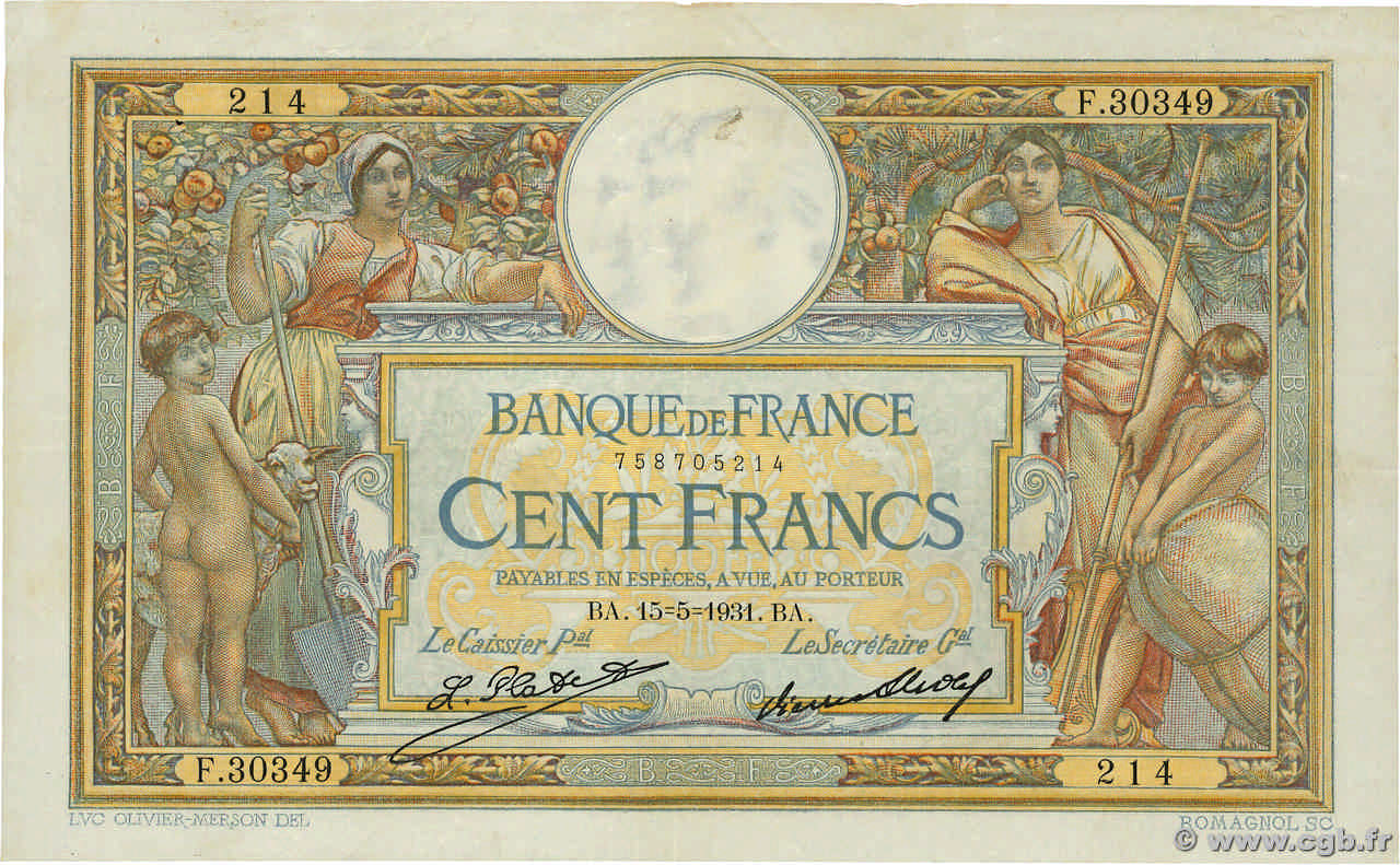 100 Francs LUC OLIVIER MERSON grands cartouches FRANCE 1931 F.24.10 b84 ...