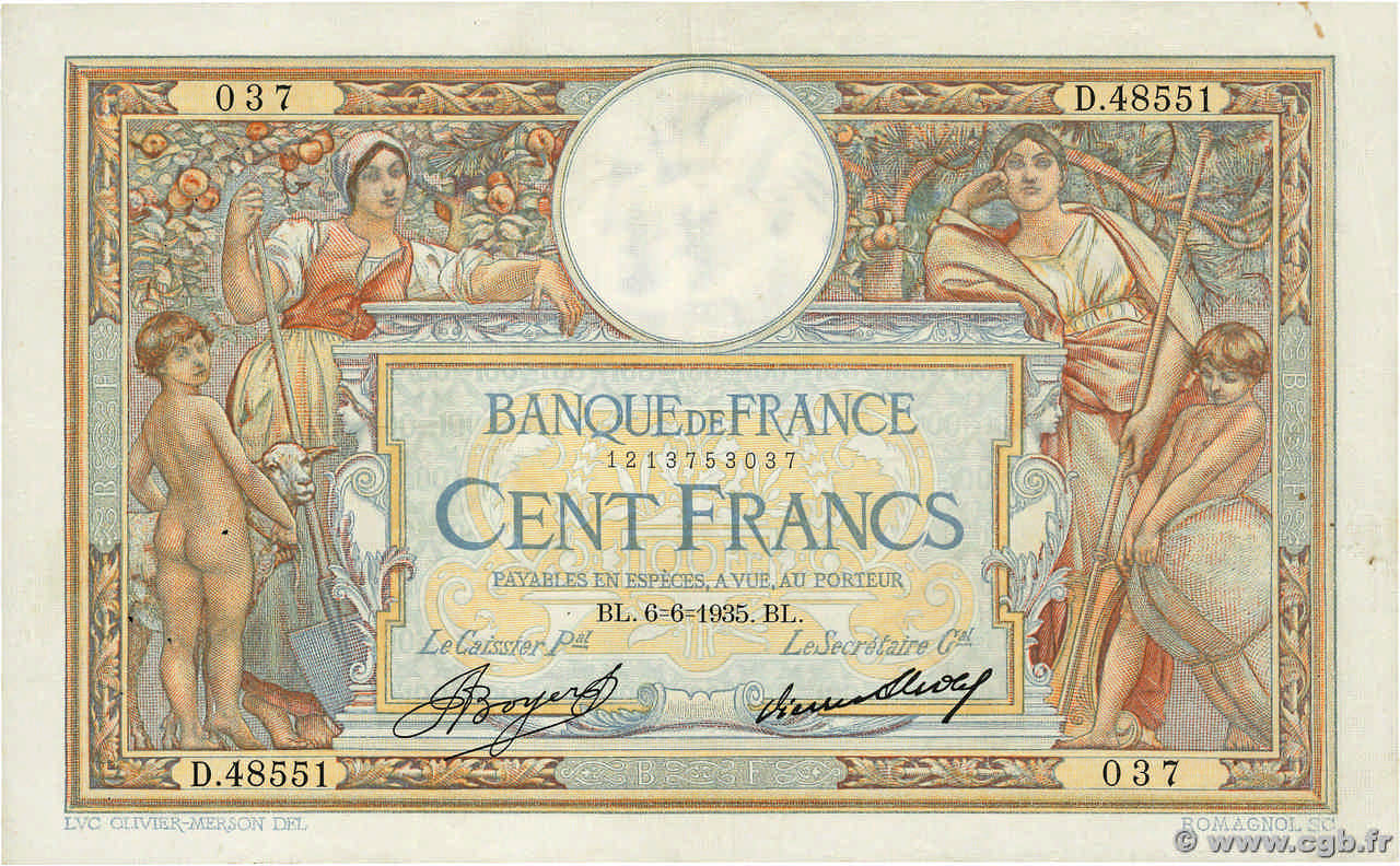 100 Francs LUC OLIVIER MERSON grands cartouches FRANCE 1935 F.24.14 b84 ...