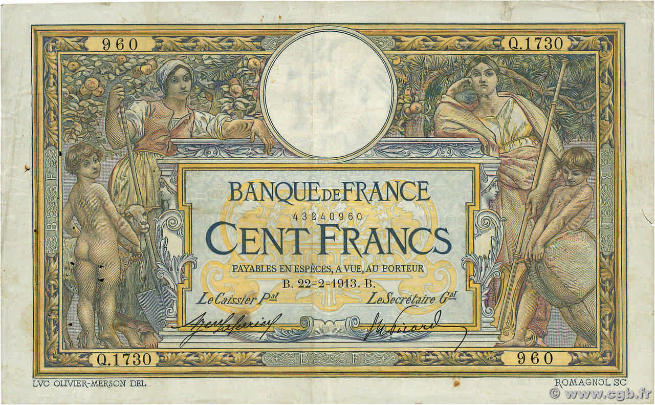100 Francs LUC OLIVIER MERSON sans LOM FRANCE 1913 F.23.05 b84_5439 ...