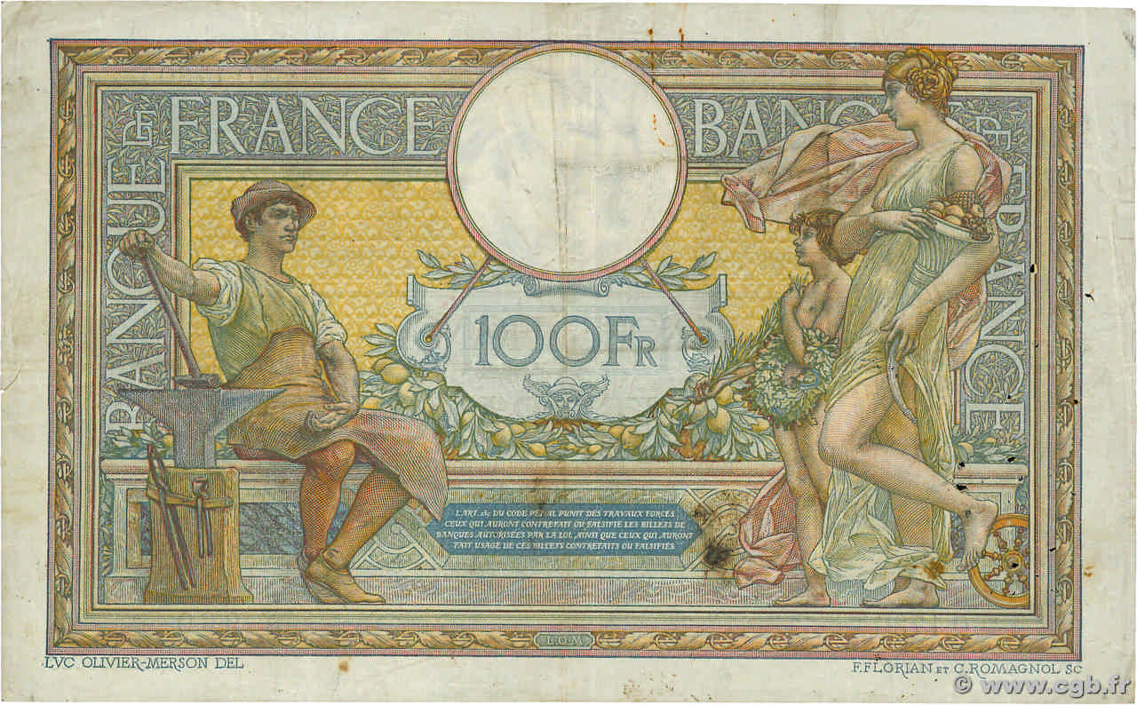 100 Francs LUC OLIVIER MERSON sans LOM FRANCE 1913 F.23.05 b84_5439 ...