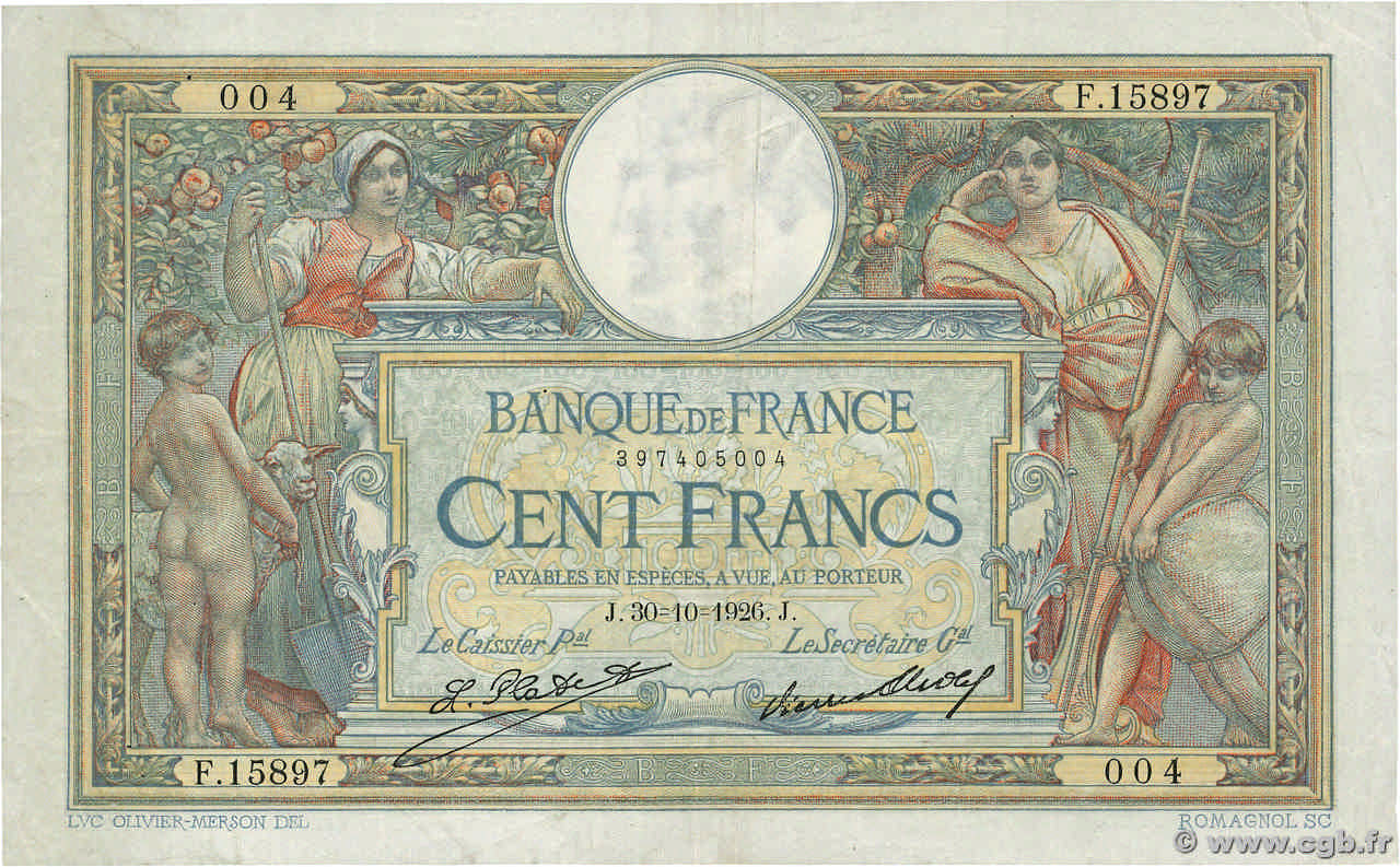 100 Francs LUC OLIVIER MERSON grands cartouches FRANCE 1926 F.24.05 b84 ...
