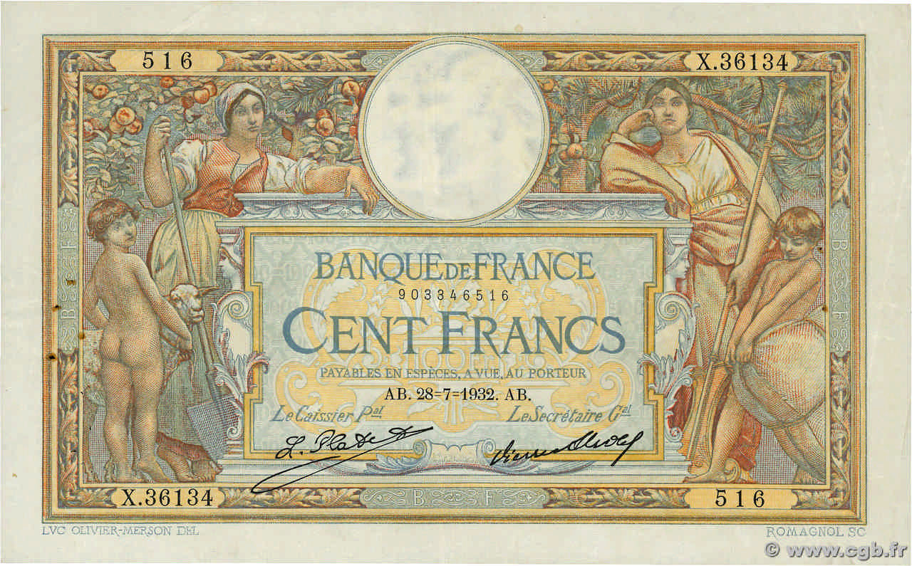 100 Francs LUC OLIVIER MERSON grands cartouches FRANCE 1932 F.24.11 b84 ...