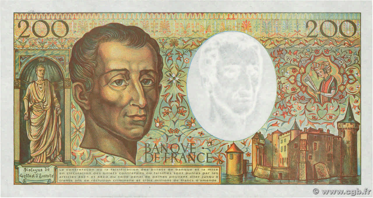 200 Francs MONTESQUIEU Modifié FRANCE 1994 F.70/2.01 b84_6218 Billets