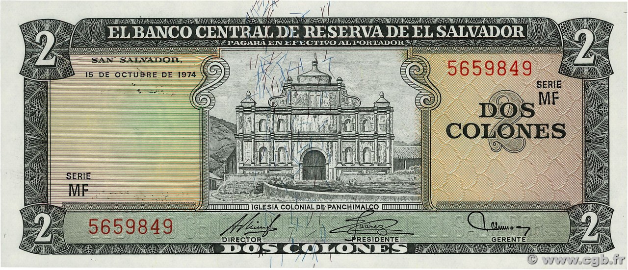 2 Colones EL SALVADOR 1974 P.116b b85_3215 Banknotes