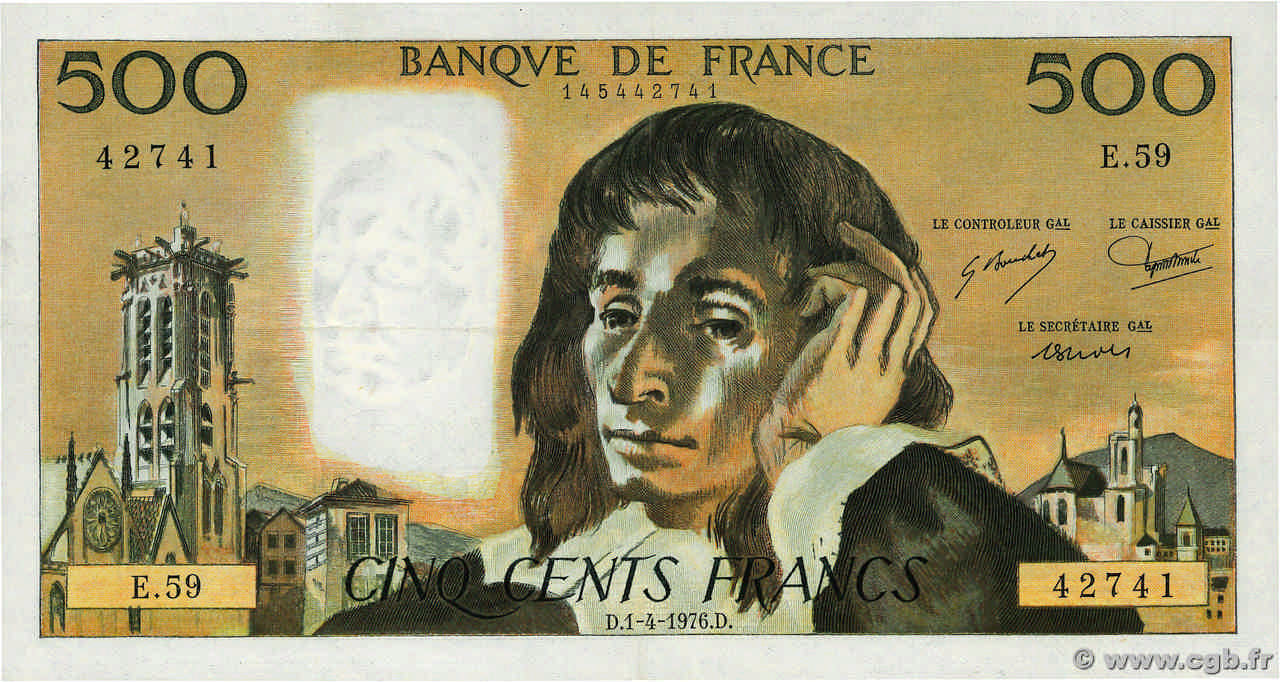 500 Francs PASCAL FRANCE 1976 F.71.14 b85_3309 Billets