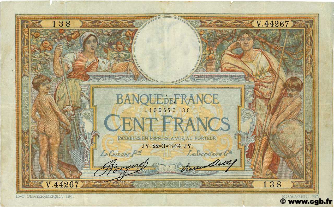 100 Francs LUC OLIVIER MERSON grands cartouches FRANCE 1934 F.24.13 b85 ...