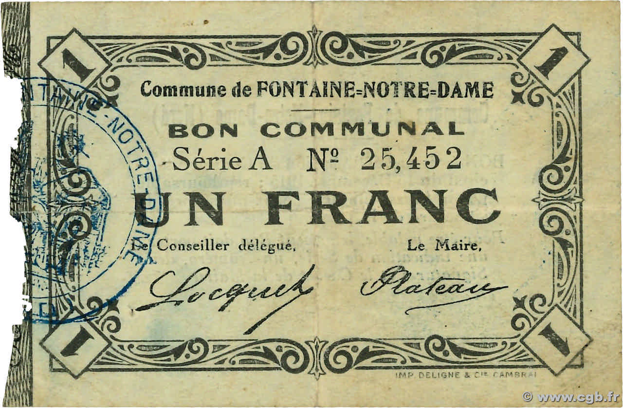 1 Franc FRANCE régionalisme et divers Fontaine-Notre-Dame 1915 JP.59 ...
