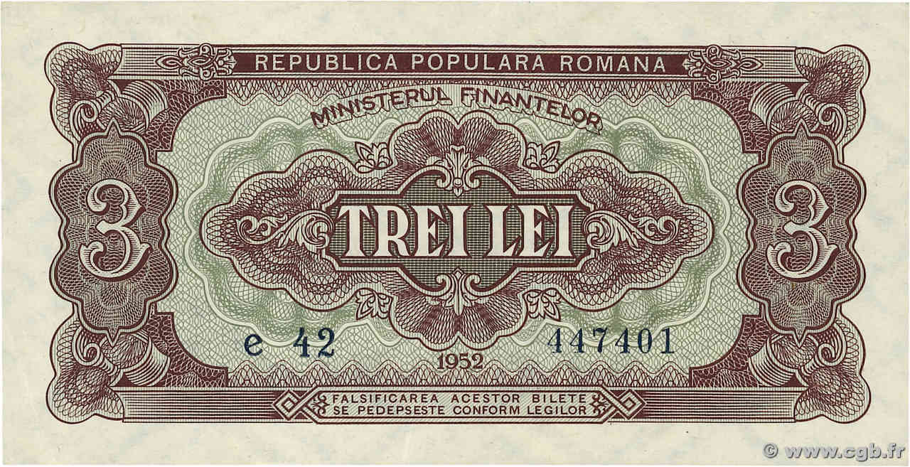 3 Lei ROUMANIE 1952 P.082b b85_6105 Billets