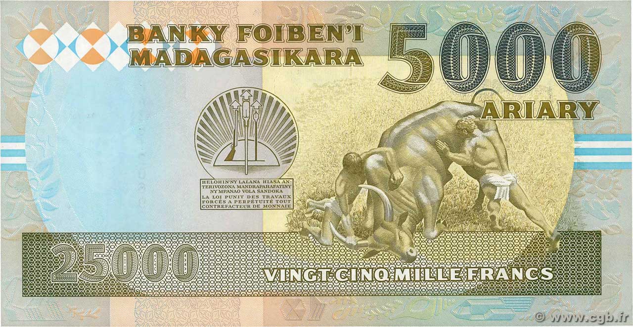 25000 Francs - 5000 Ariary MADAGASCAR 1993 P.074Aa b86_0477 Billets
