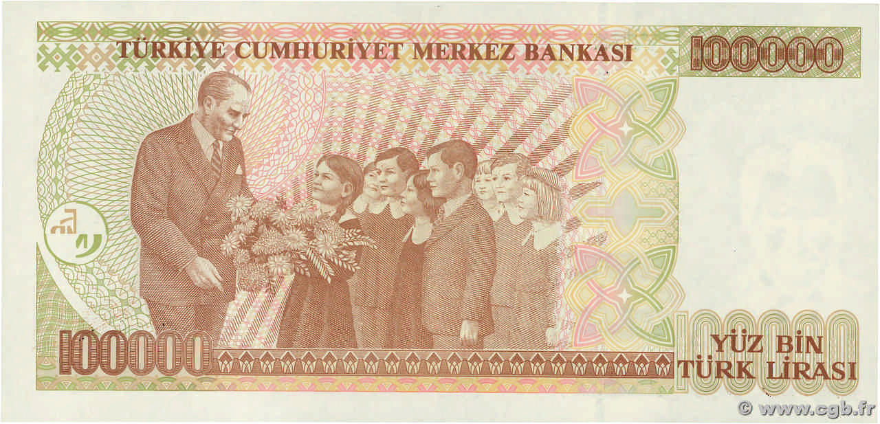 100000 Lira TURKEY 1997 P.206 b87_0389 Banknotes