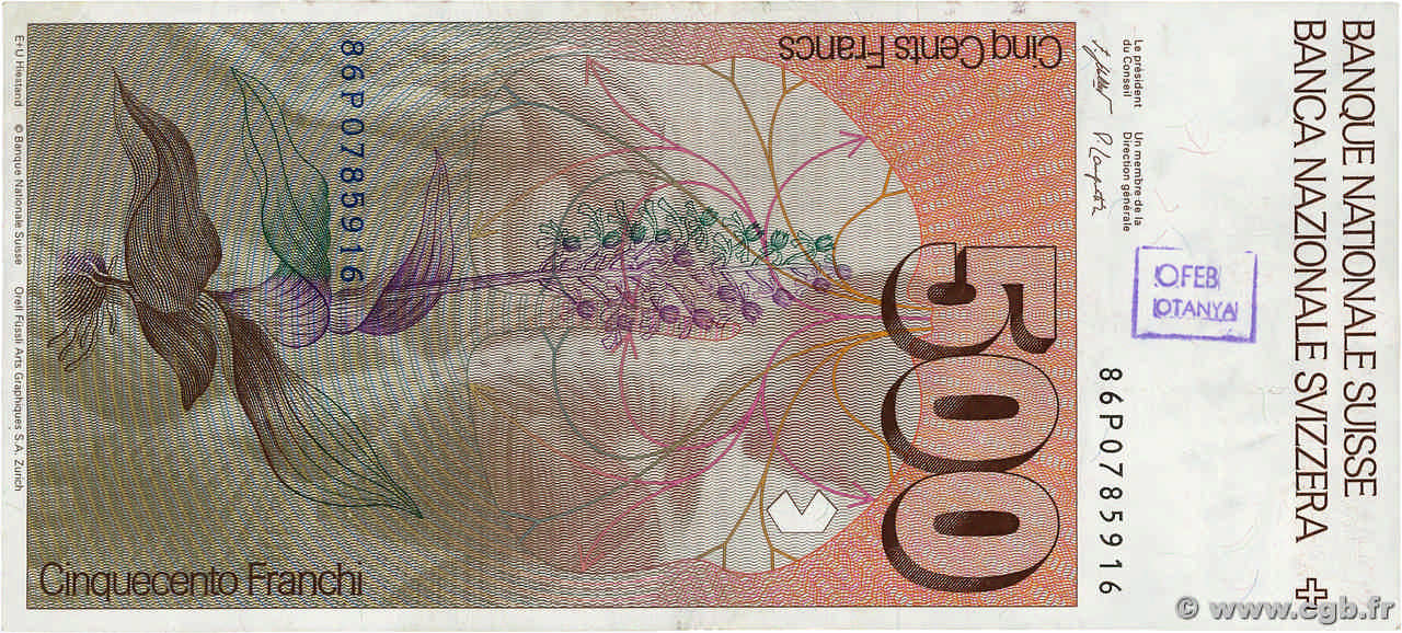 500 Francs SUISSE 1986 P.58b b87_0740 Billets