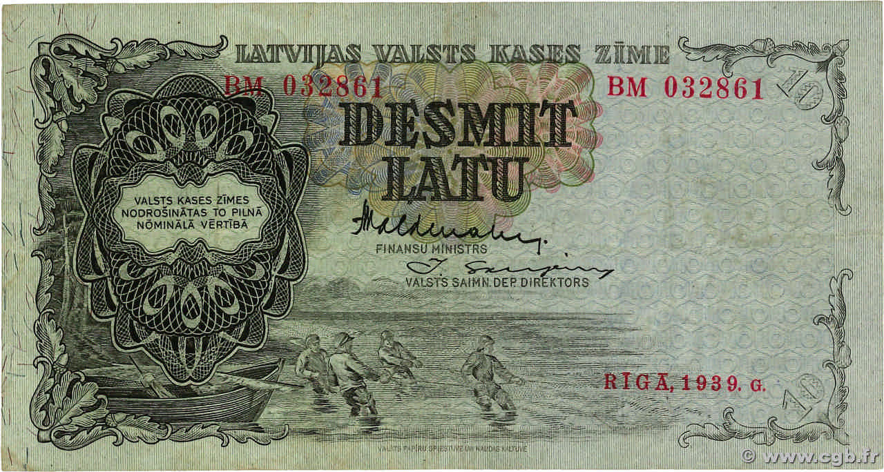 10 Latu LATVIA 1939 P.29d b87_0839 Banknotes