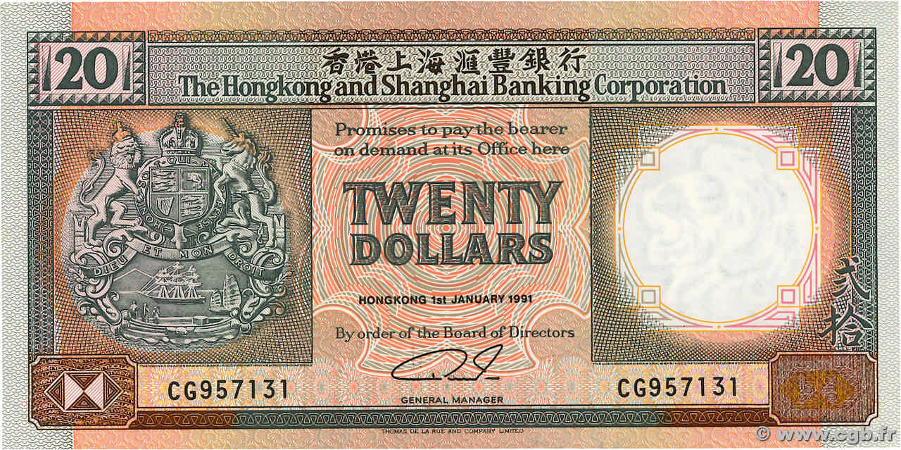 20 Dollars HONG KONG 1991 P 197b B87 1095 Billets