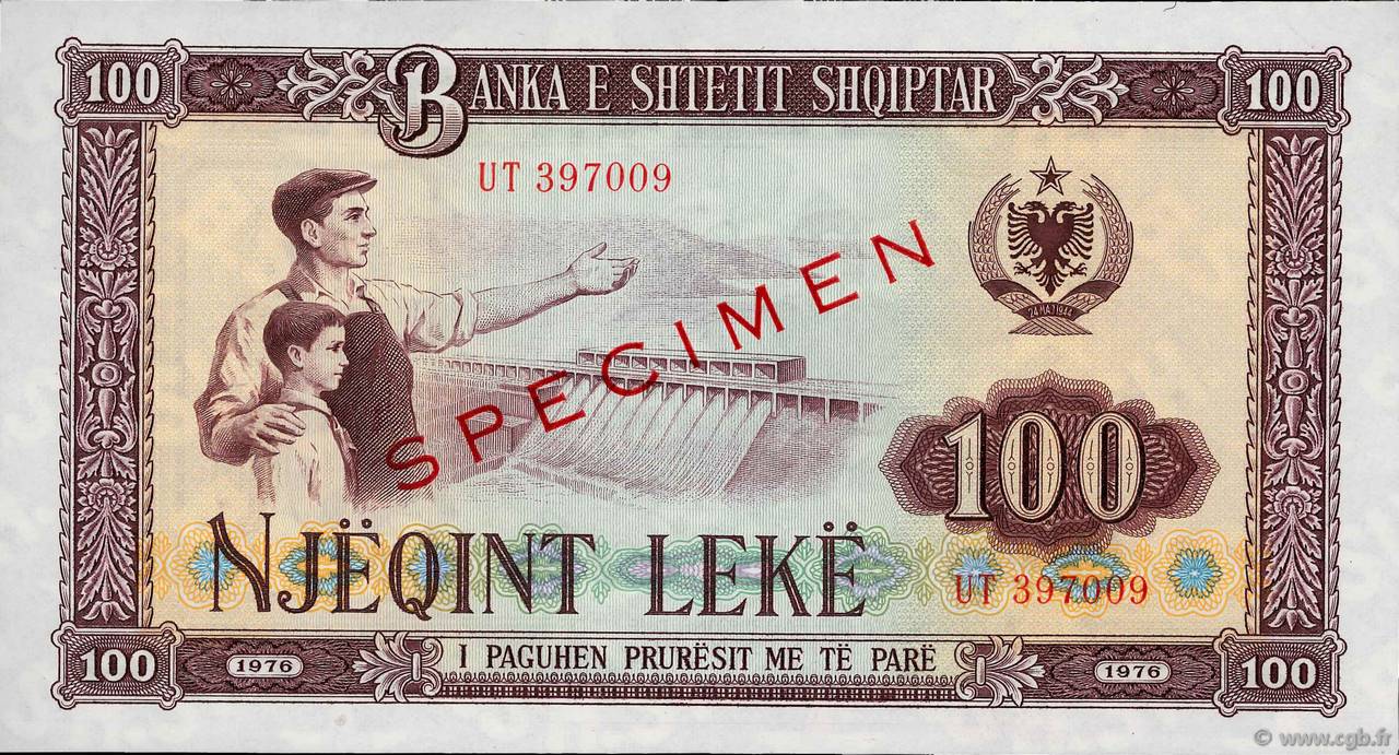 100 Lekë Spécimen ALBANIA 1976 P.46s2 b90_8918 Banknotes
