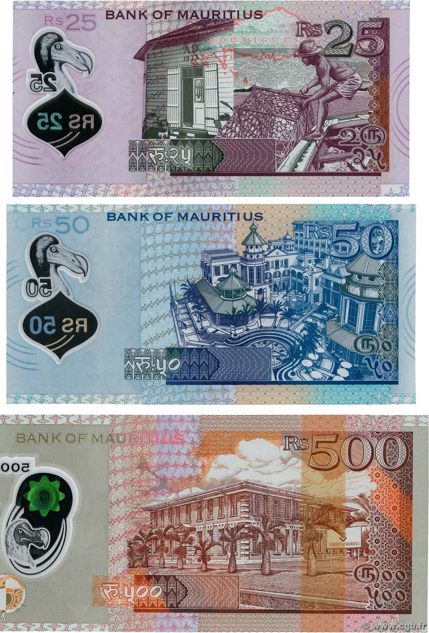 Lot de 3 billets 25, 50 et 500 Rupees ÎLE MAURICE 2013 P.LOT b91_1532 ...