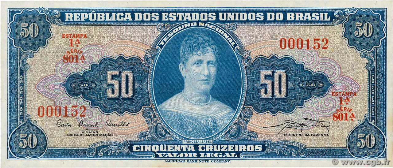 50 Cruzeiros Petit numéro BRASIL 1961 P.169a b91_9076 Billetes