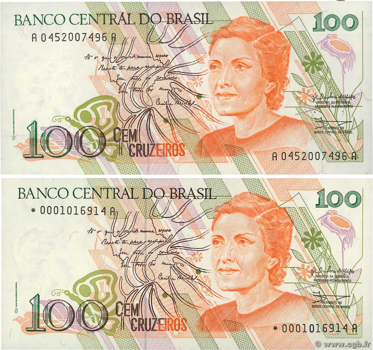 100 Cruzeiros Remplacement BRASIL 1990 P.228 et P.228r b91_9088 Billetes