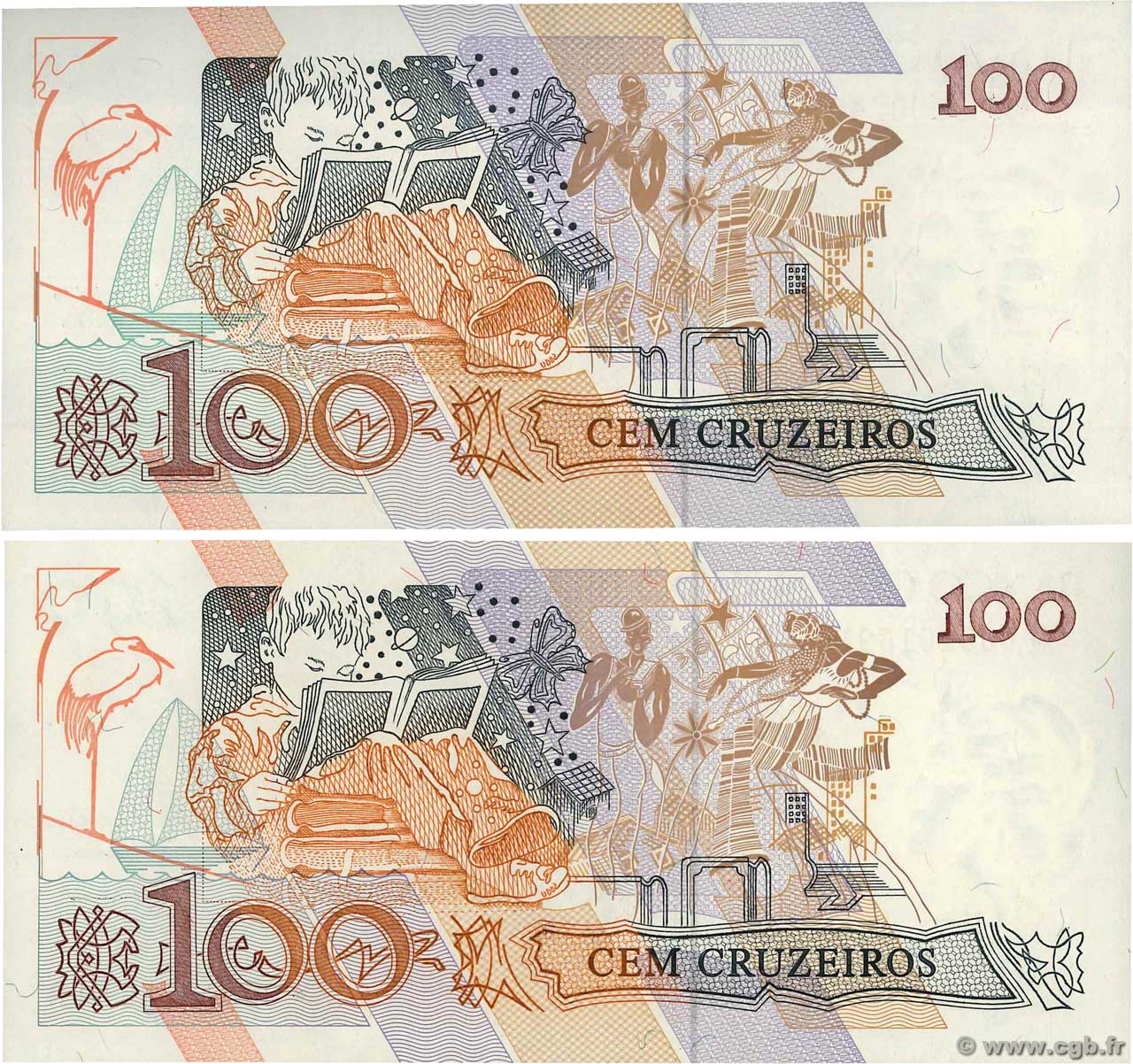 100 Cruzeiros Remplacement BRASIL 1990 P.228 et P.228r b91_9088 Billetes