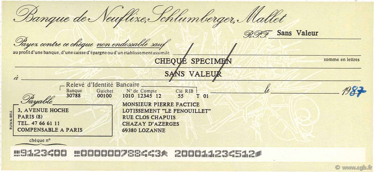 Francs Spécimen FRANCE régionalisme et divers Lozanne 1987 DOC.Chèque ...