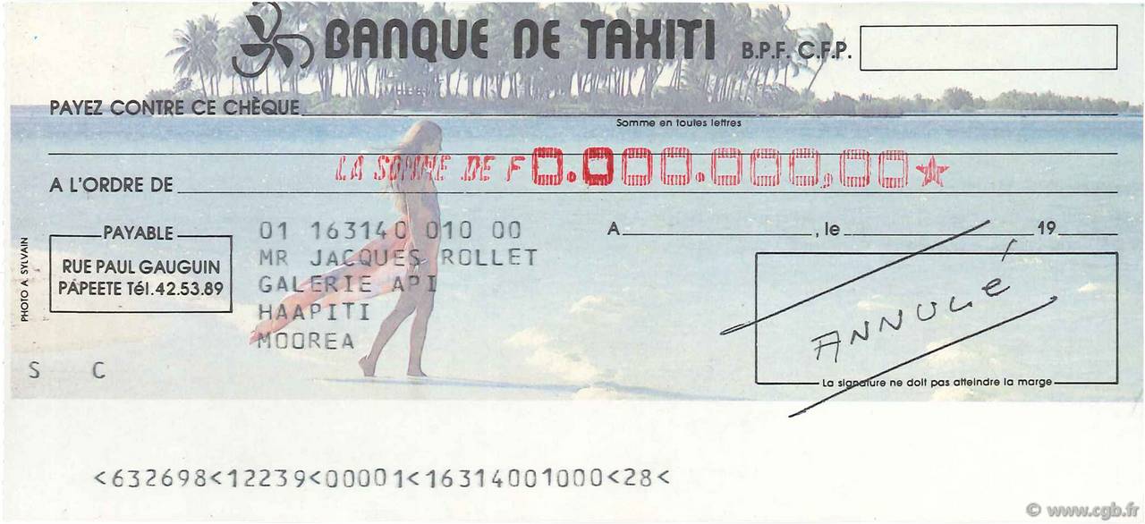 Francs Annulé FRANCE régionalisme et divers Papeete 1970 DOC.Chèque b92 ...