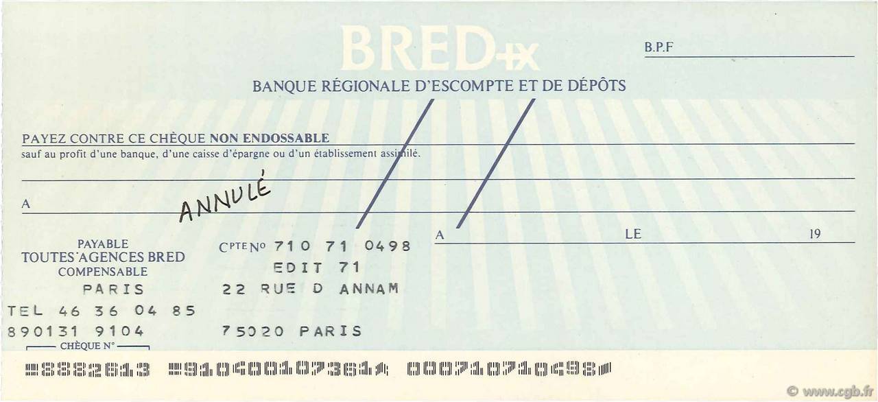 Francs Annulé FRANCE régionalisme et divers Paris 1979 DOC.Chèque b92 ...