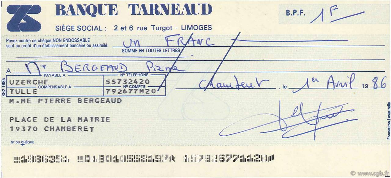 1 Franc FRANCE régionalisme et divers Chamberet 1986 DOC.Chèque b92 ...