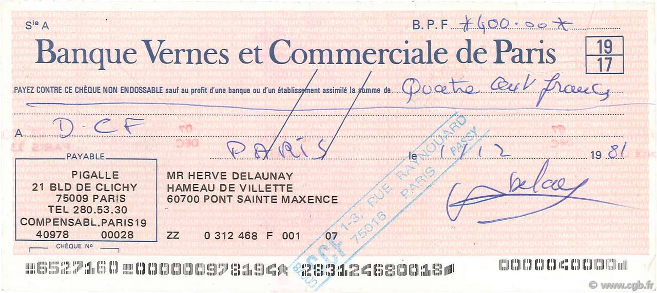 400 Francs FRANCE régionalisme et divers Paris 1981 DOC.Chèque b92_0596 ...