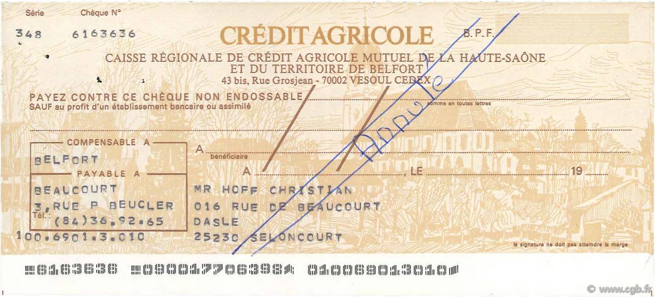 Francs Annulé FRANCE régionalisme et divers Vesoul 1979 DOC.Chèque b92 ...