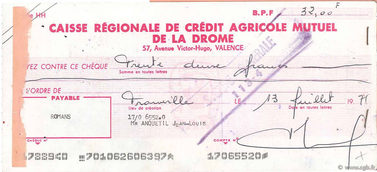 32 Francs FRANCE régionalisme et divers Valence 1971 DOC.Chèque b92 ...