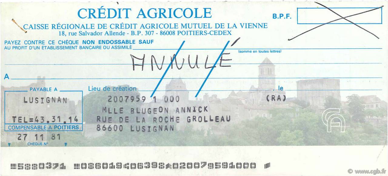Francs Annulé FRANCE régionalisme et divers Poitiers 1979 DOC.Chèque ...