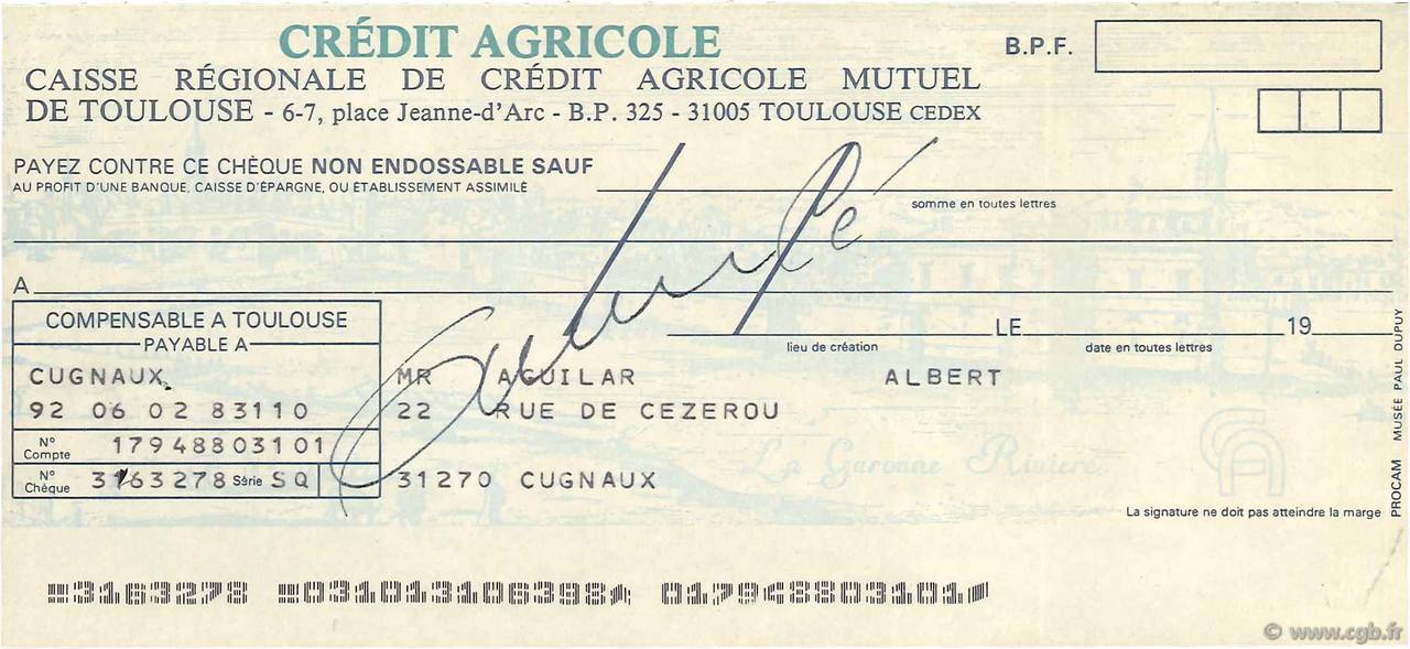 Francs Annulé FRANCE régionalisme et divers Toulouse 1979 DOC.Chèque ...