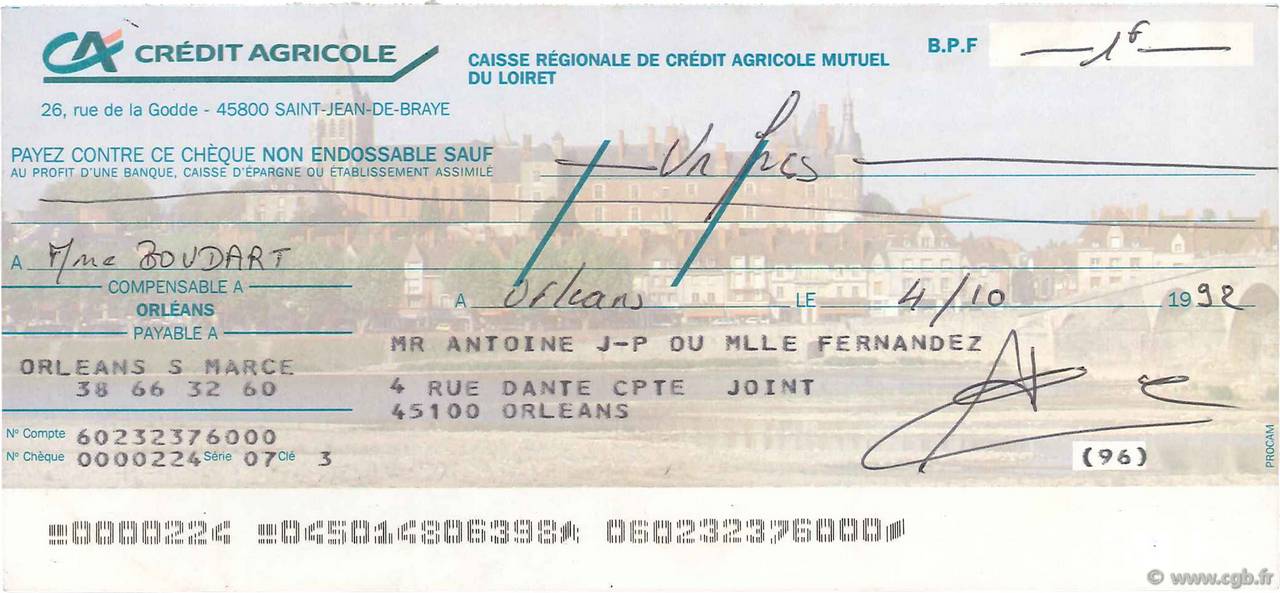 1 Franc FRANCE régionalisme et divers Orléans 1992 DOC.Chèque b92_0752 ...