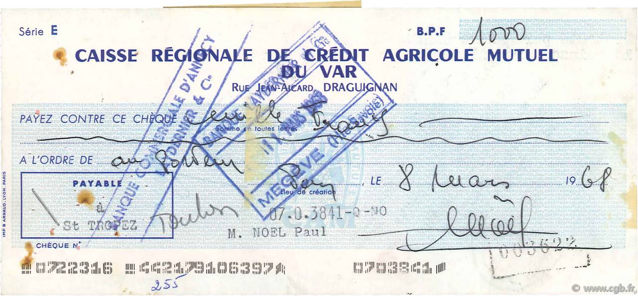 1000 Francs FRANCE régionalisme et divers Pau 1968 DOC.Chèque b92_0759 ...