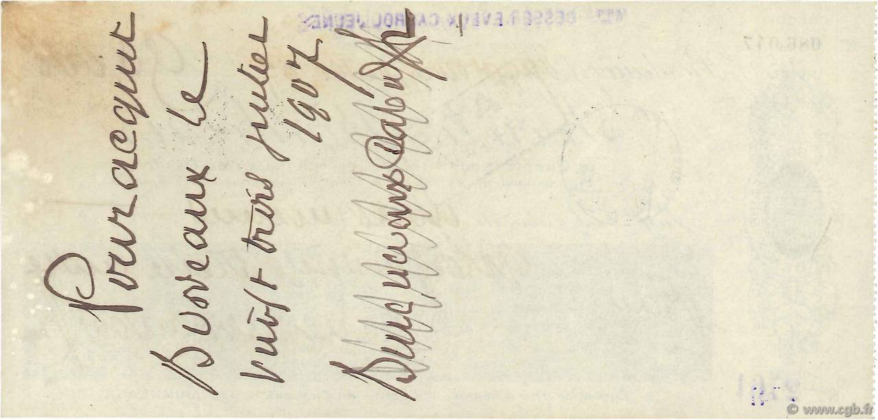 93000 Francs FRANCE régionalisme et divers Bordeaux 1907 DOC.Chèque b92 ...