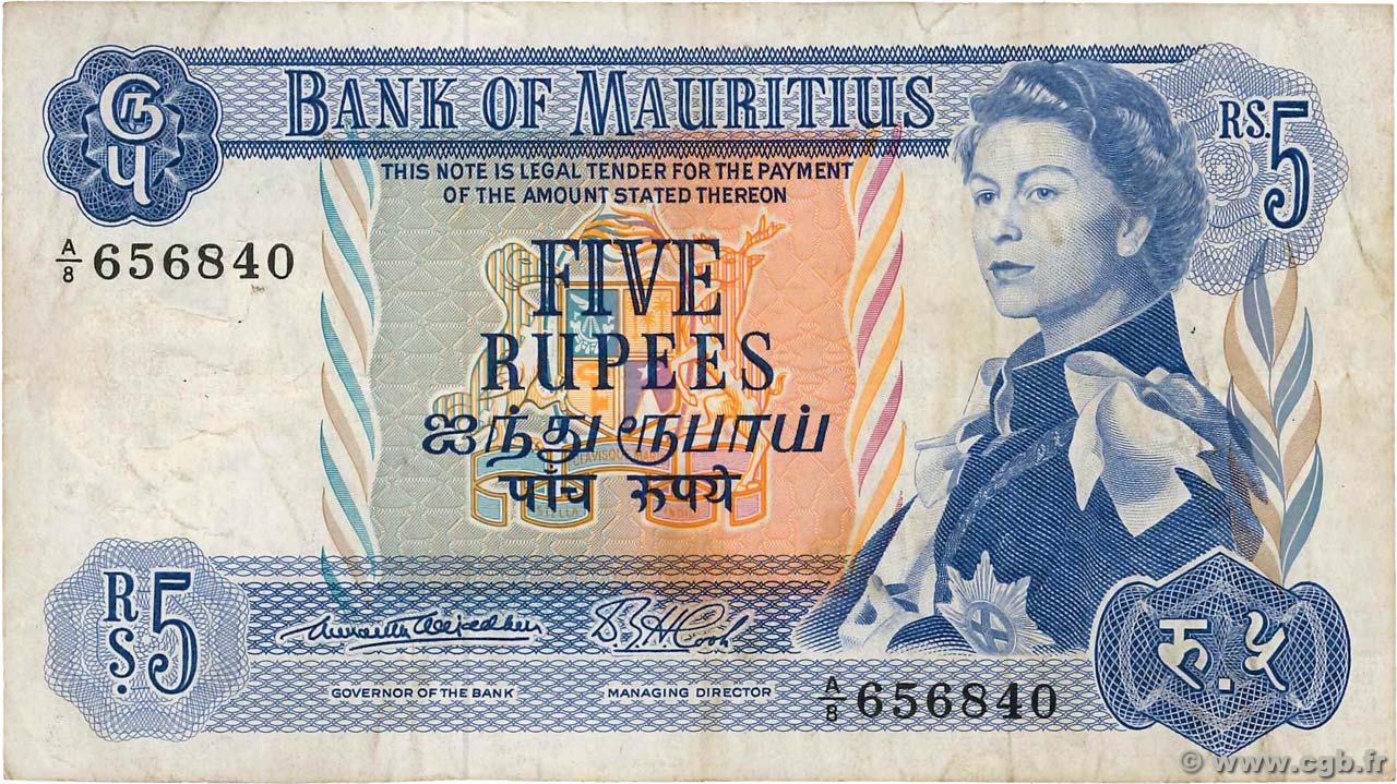 5 Rupees MAURITIUS 1967 P.30a b92_5965 Banknotes