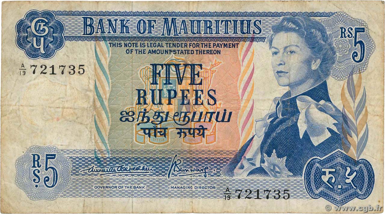 5 Rupees MAURITIUS 1967 P.30b b92_6108 Banknotes