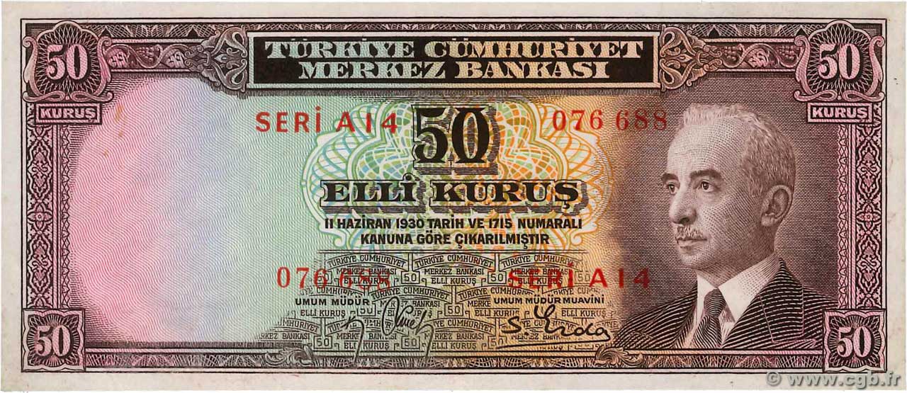50 Kurus TURKEY 1942 P.133 b92_9606 Banknotes
