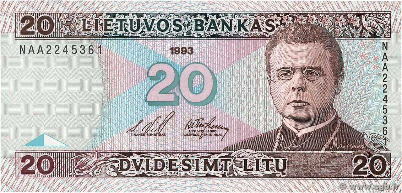20 Litu LITHUANIA 1993 P.57 b93_4573 Banknotes