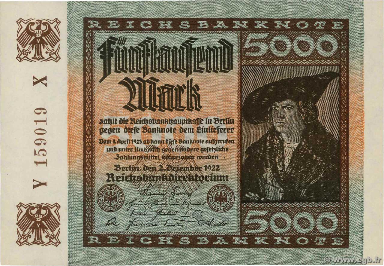 5000 Mark GERMANY 1922 P 081c B93 8182 Banknotes