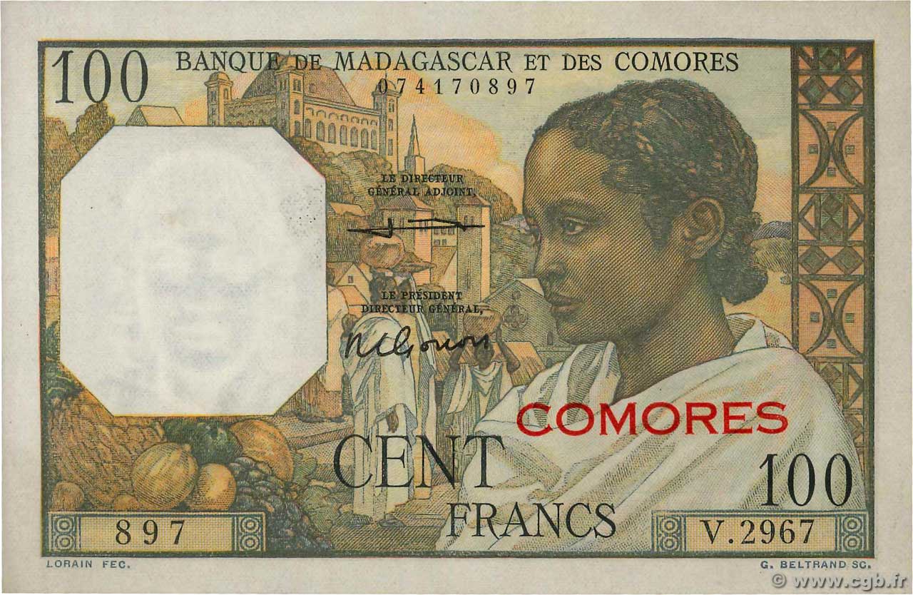 100 Francs COMOROS 1960 P.03b2 b93_8789 Banknotes