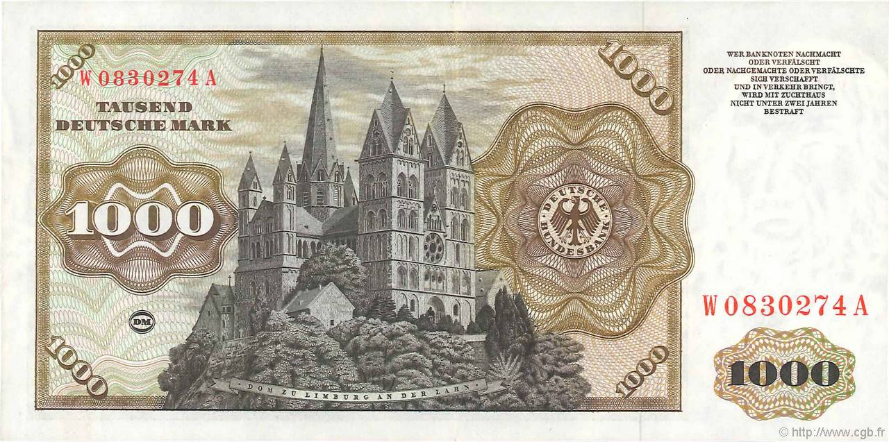1000 Deutsche Mark GERMAN FEDERAL REPUBLIC 1960 P.24a b94_0766 Banknotes