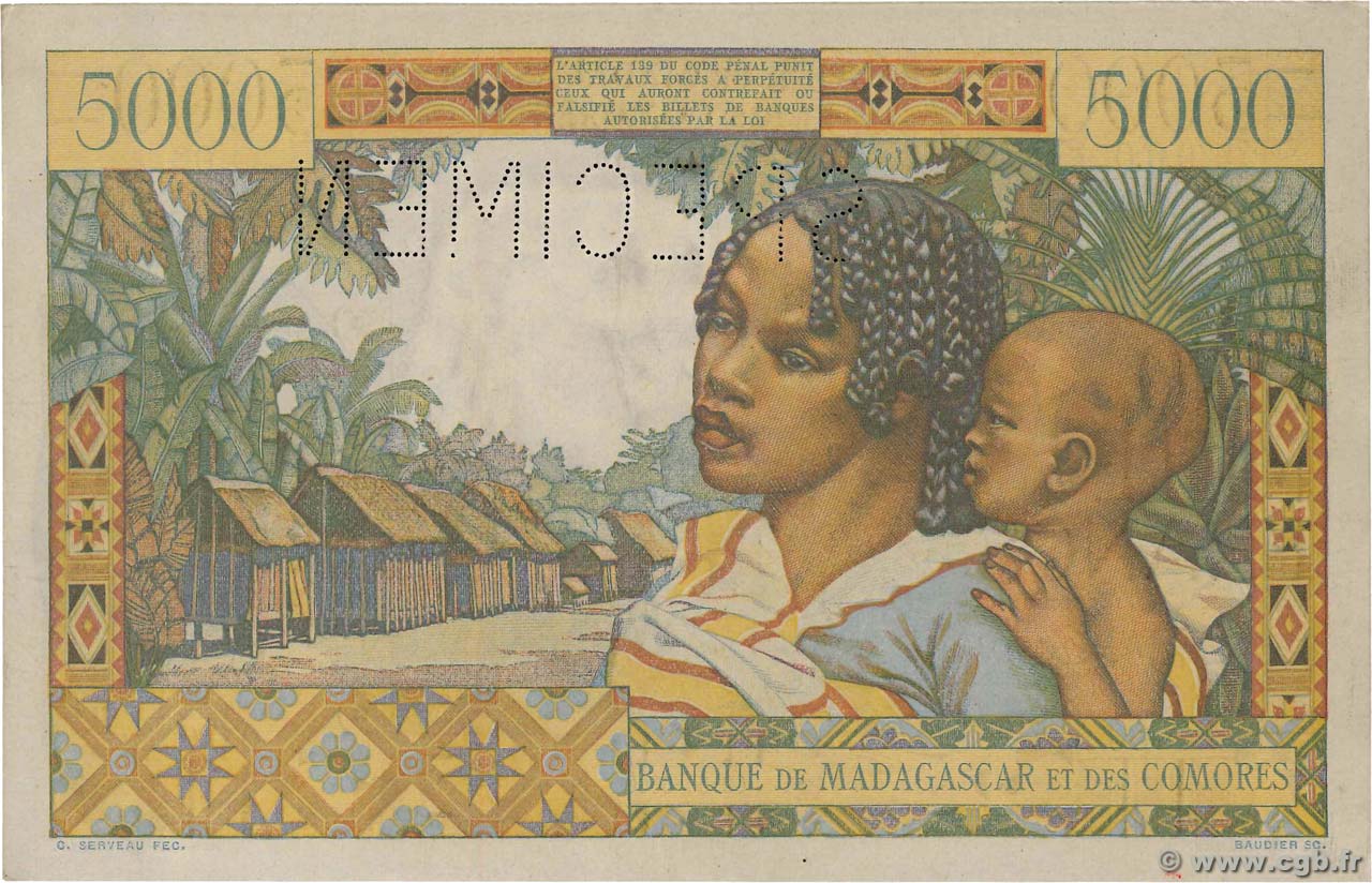 5000 Francs Spécimen MADAGASCAR 1950 P.049as b94_7271 Banknotes