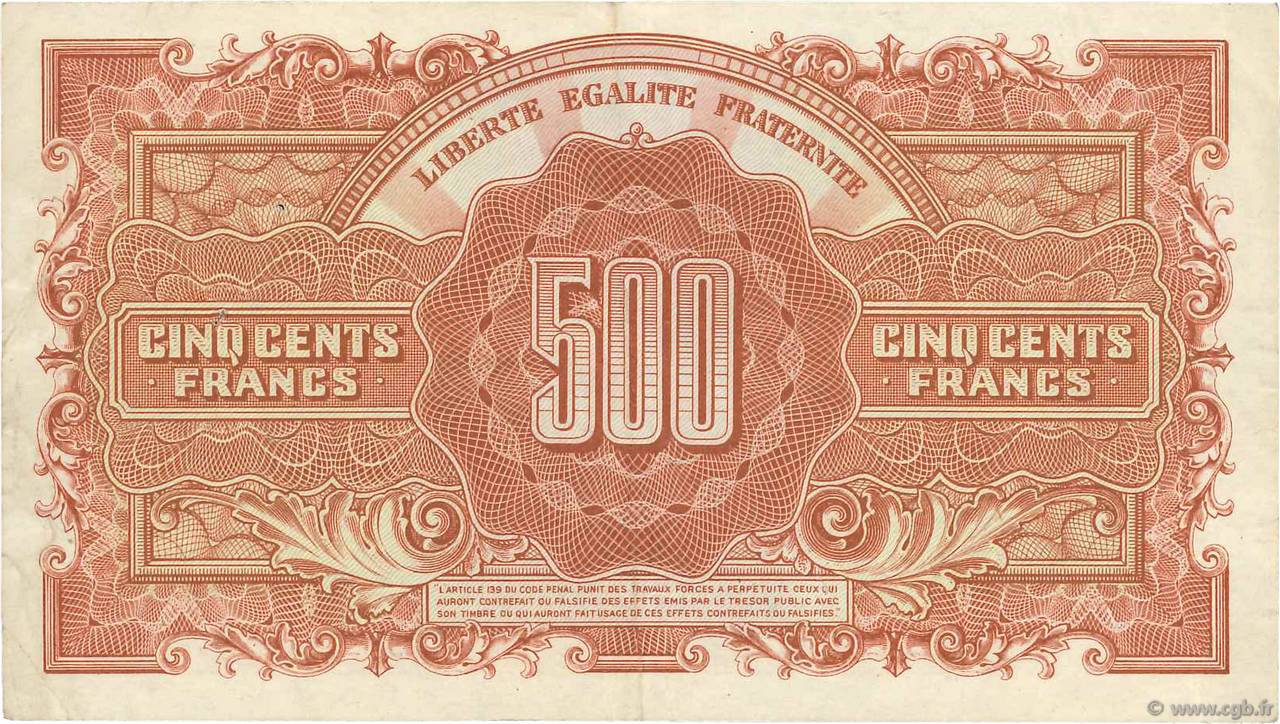 500 Francs MARIANNE fabrication anglaise FRANCE 1945 VF.11.02 b95_3896 ...