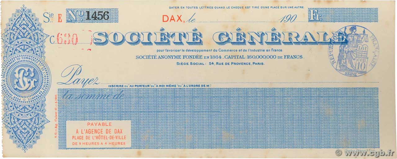 Francs FRANCE régionalisme et divers Dax 1900 DOC.Chèque b95_9045 Billets