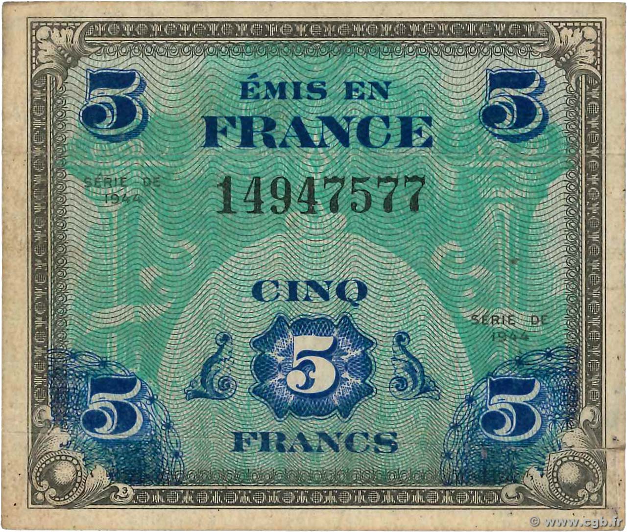 5 Francs DRAPEAU FRANCE 1944 VF.17.01 b95_9246 Banknotes