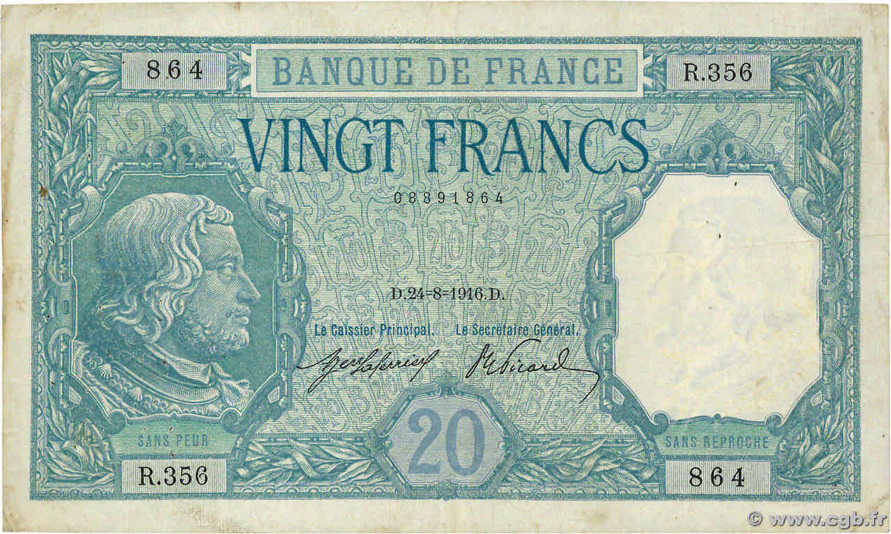 20 Francs BAYARD FRANCE 1916 F.11.01 b96_3590 Banknotes