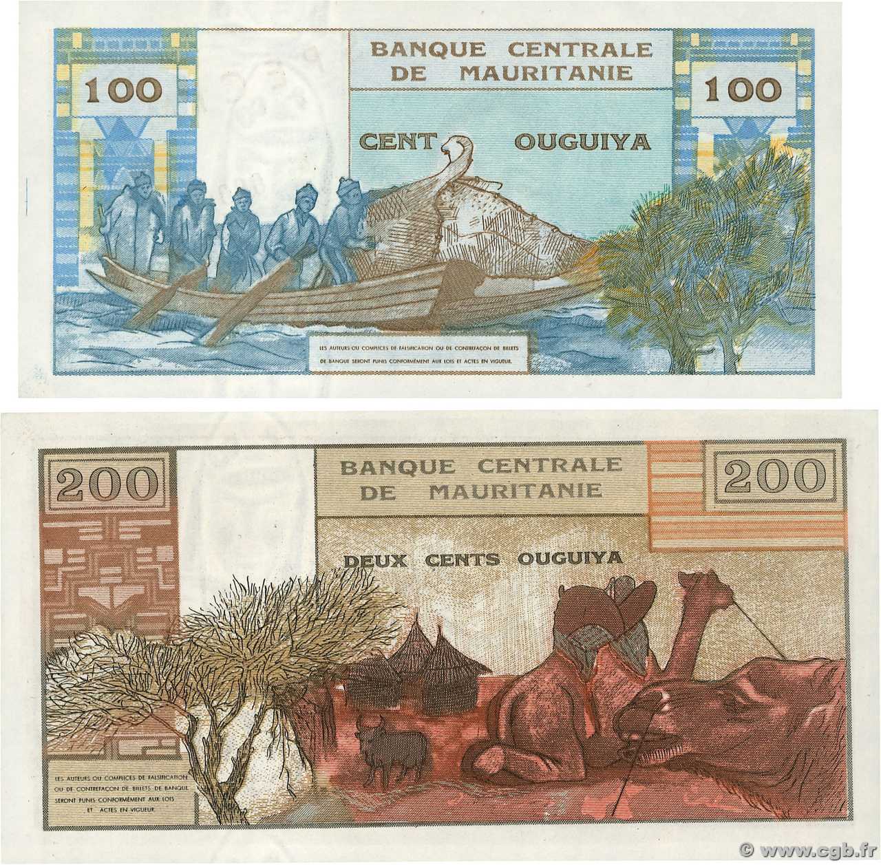 100 et 200 Ouguiya Spécimen MAURITANIE 1973 P.01s et 02s b96_4548 Billets