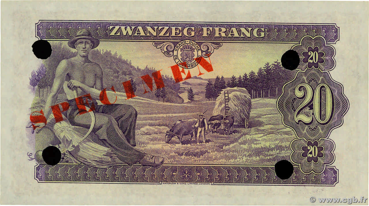 20 Frang Spécimen LUXEMBOURG 1943 P.42s b96_4728 Billets