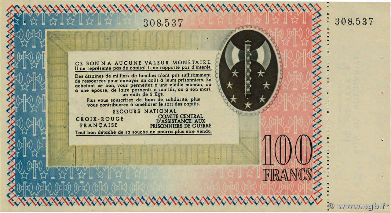 100 Francs BON DE SOLIDARITÉ FRANCE regionalism and miscellaneous 1941 ...