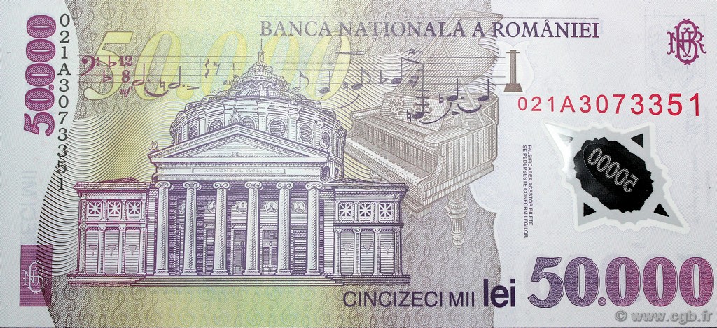 50000 Lei ROMANIA 2001 P.113a b97_1738 Banknotes